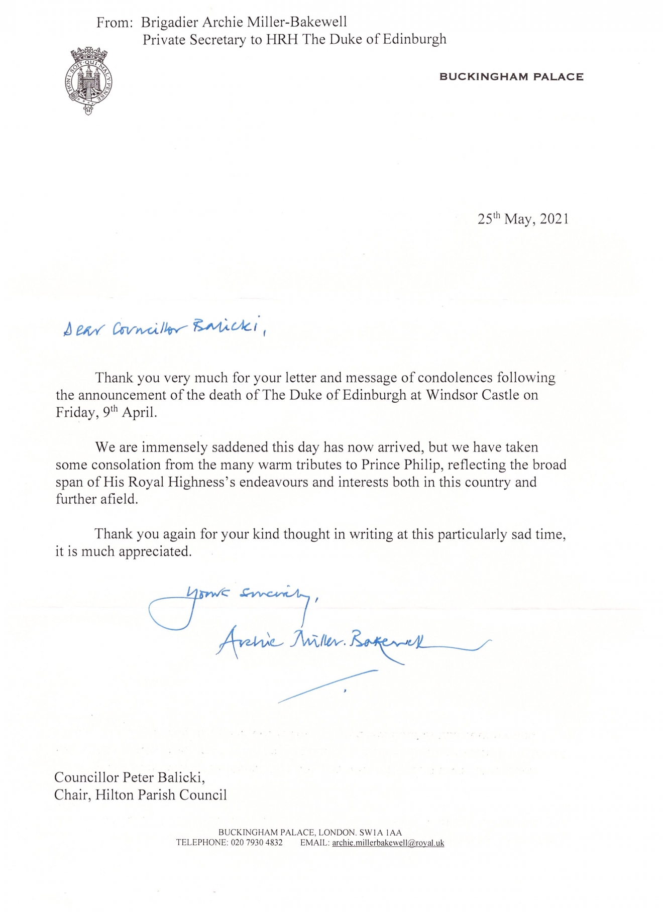 Letter from Buckingham Palace – Hilton Parish Council